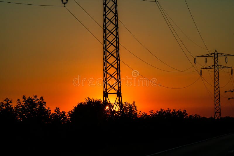 Electric Power Pylon, Electric Tower at Sunset Stock Image - Image of ...