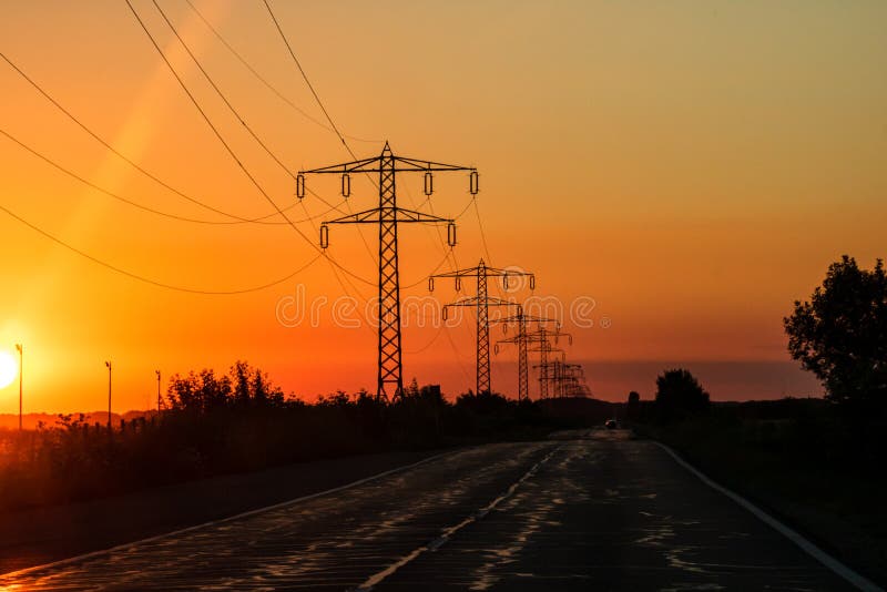 Electric Power Pylon, Electric Tower at Sunset Stock Image - Image of ...
