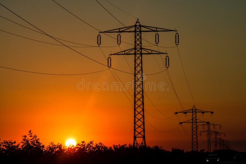 Electric Power Pylon, Electric Tower at Sunset Stock Photo - Image of ...