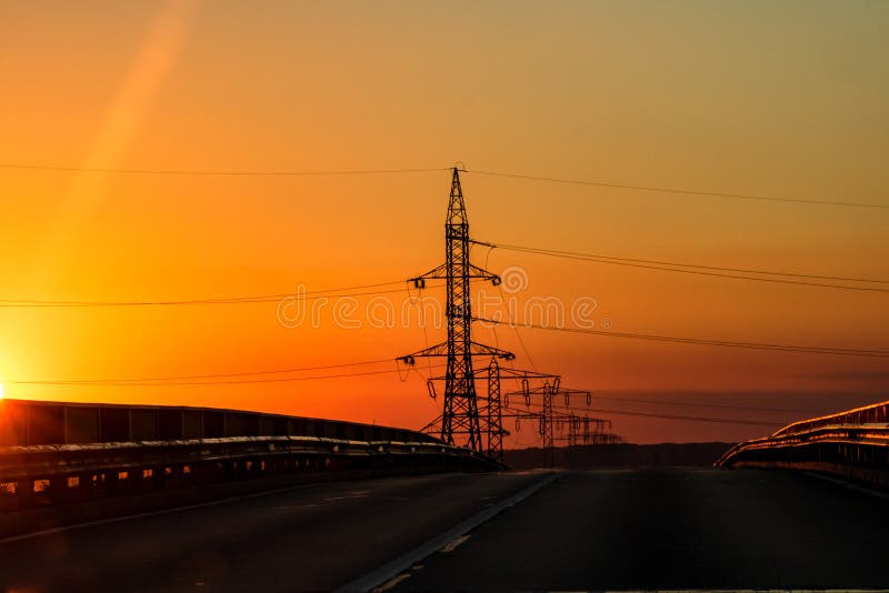 Electric Power Pylon, Electric Tower at Sunset Stock Image - Image of ...