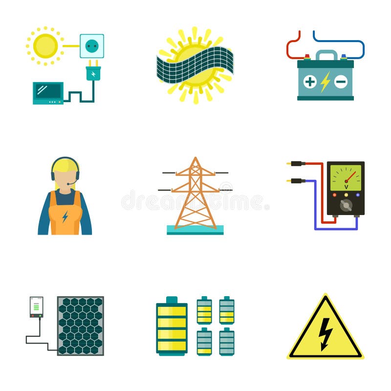Electric Power Station Icon Set, Flat Style Stock Vector - Illustration ...