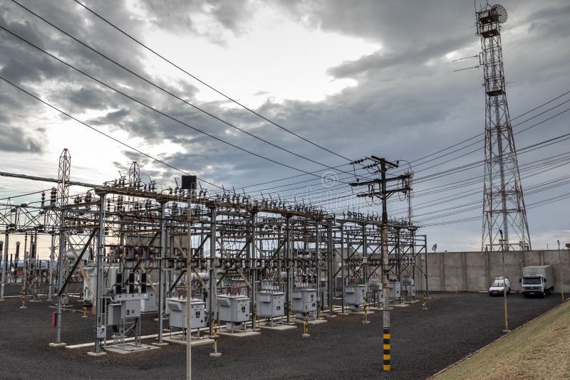 Electric Power Station with Poles Cables and Powerful Transformers ...