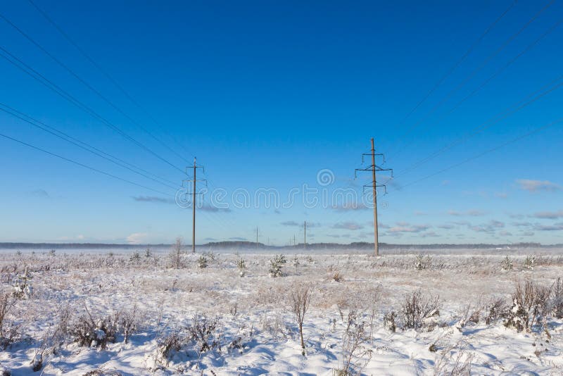 Broken Phase Electrical Power Lines with Hoarfrost on the Wooden ...