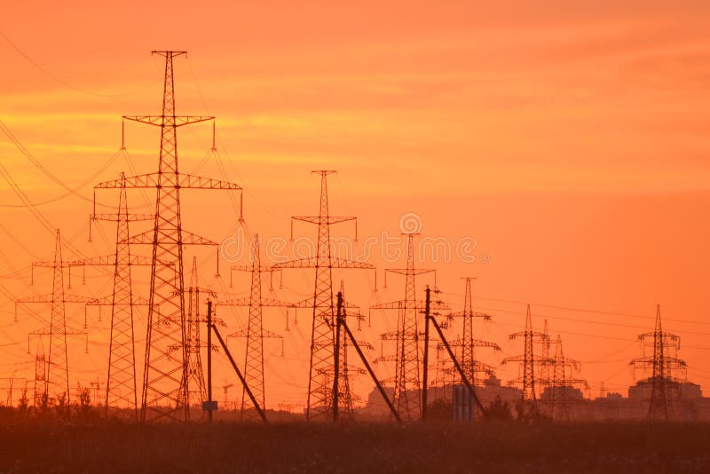 Electric Power Lines at Sunset Stock Image - Image of pole, network ...