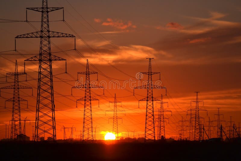 Electric Power Transmission Lines at Sunset Stock Image - Image of ...