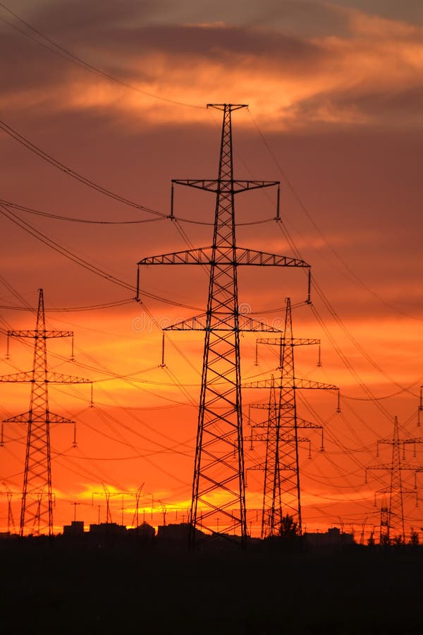 Power Lines at Sunset stock photo. Image of power, silhouette - 12959738