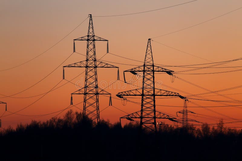 Electric Power Transmission Lines at Sunset. Stock Image - Image of ...