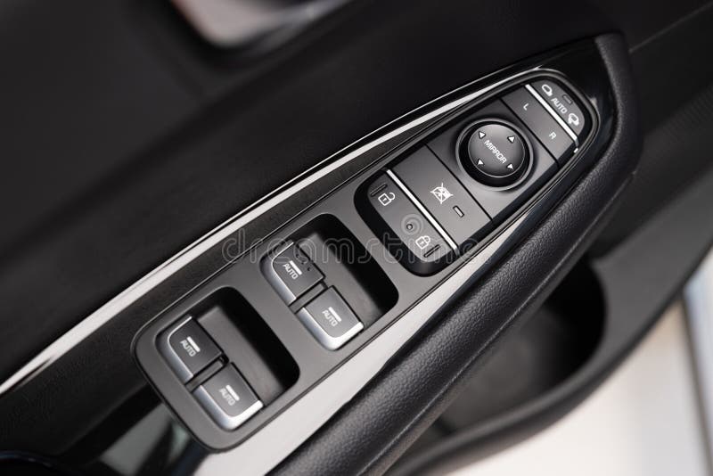Window Control Buttons in Modern Luxury Sport Car. Car Leather Interior ...