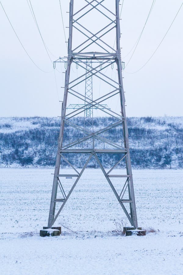 View of Electric Power Lines in a Evening Winter Landscape Stock Photo ...