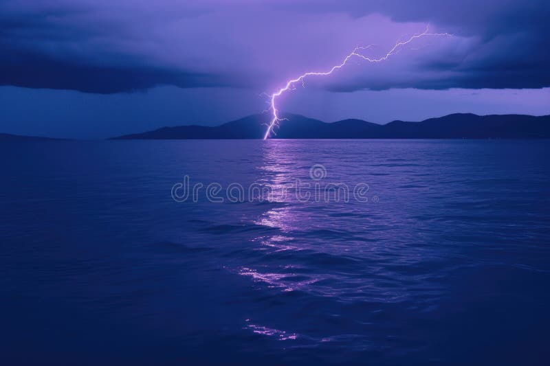 Electric Purple Lightning Bolt Contrasting with Deep Blue Ocean Stock ...