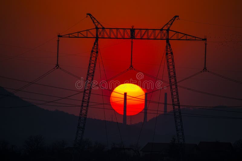 Solar Disk at the Sunset in Electric Pylon Stock Photo - Image of ...