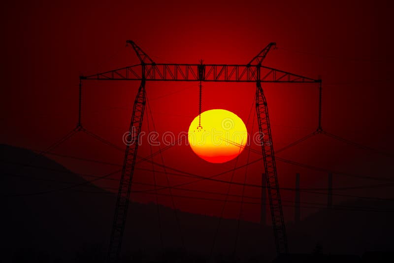 Solar Disk at the Sunset in Electric Pylon Stock Image - Image of ...
