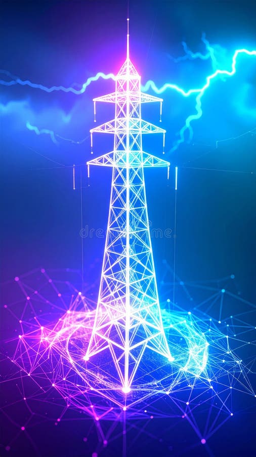 Electric Pylon Tower with Glowing Lines and Lightning Strikes in Dark ...