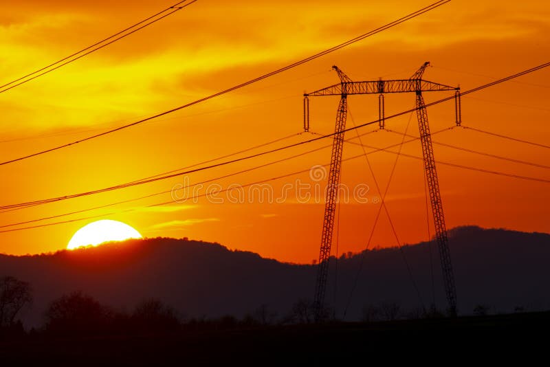 Springtime Landscape at the Sunset with Pylons Stock Image - Image of ...