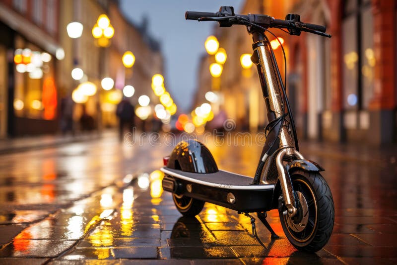 Electric Scooter Against the Backdrop of an Evening Cityscape Stock ...