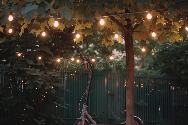 Electric Scooter Under a Tree Canopy with String Lights Above Stock ...