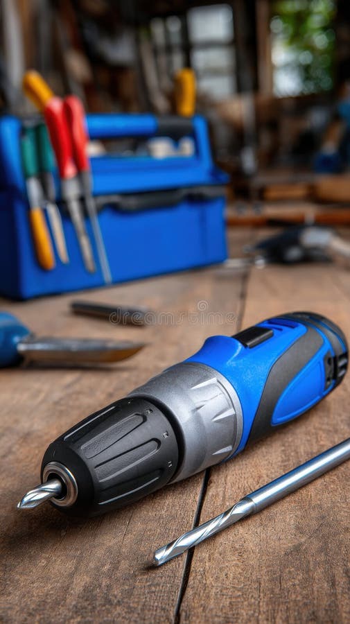 Electric Screwdriver with Drill Bits and Toolbox on a Wooden Workbench ...