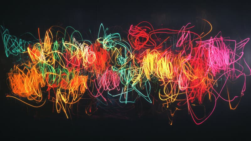 Electric Scribble Symphony a Vibrant Neon Dance on a Black Background of Chaotic Energy and ...