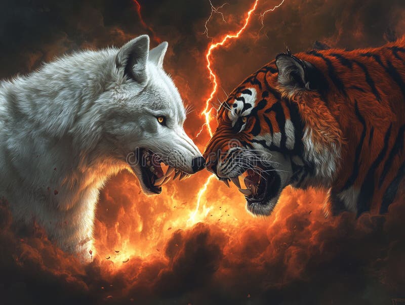 Electric Showdown between Wolf and Tiger Stock Illustration ...