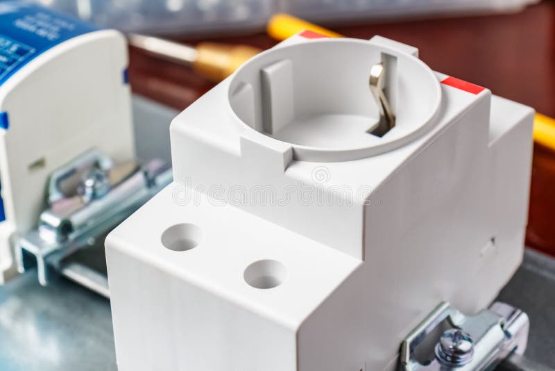 Electric Socket in White Plastic Case Installed on DIN Rail of ...