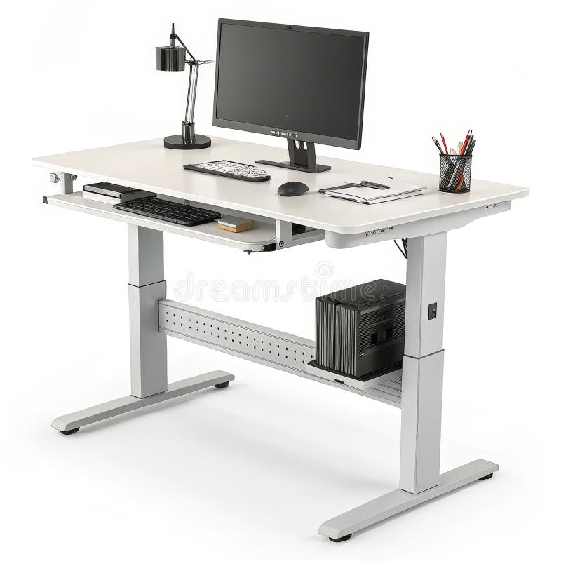 Electric Standing Desk, White Top, Computer Setup, Isolated on White ...