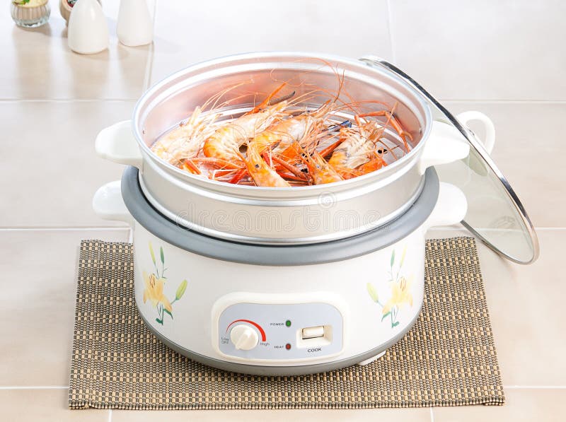 Electric Steaming Cooking Pot Stock Image - Image of shrimp, broccoli ...