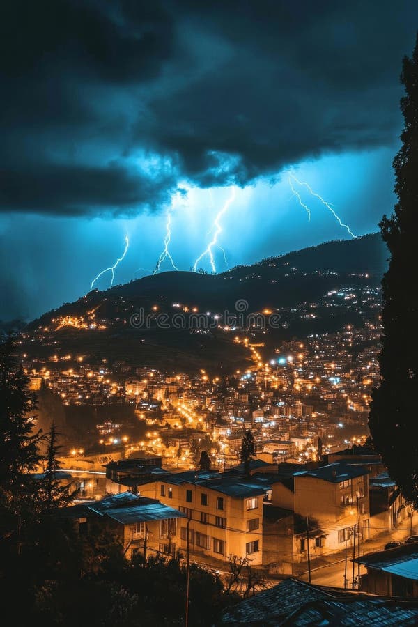 Electric Storm Over a City at Night, Dramatic Cloudscape with Vivid ...