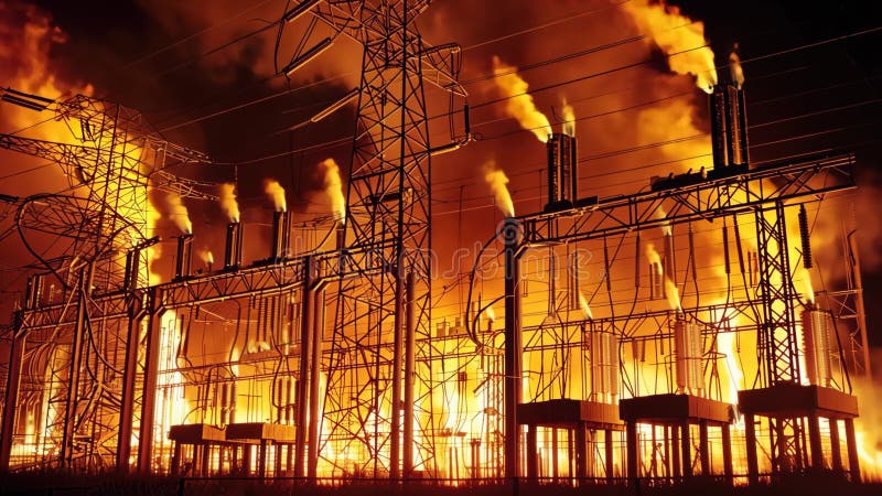 An Electric Substation Experiences a Large Fire, with Flames and Smoke ...