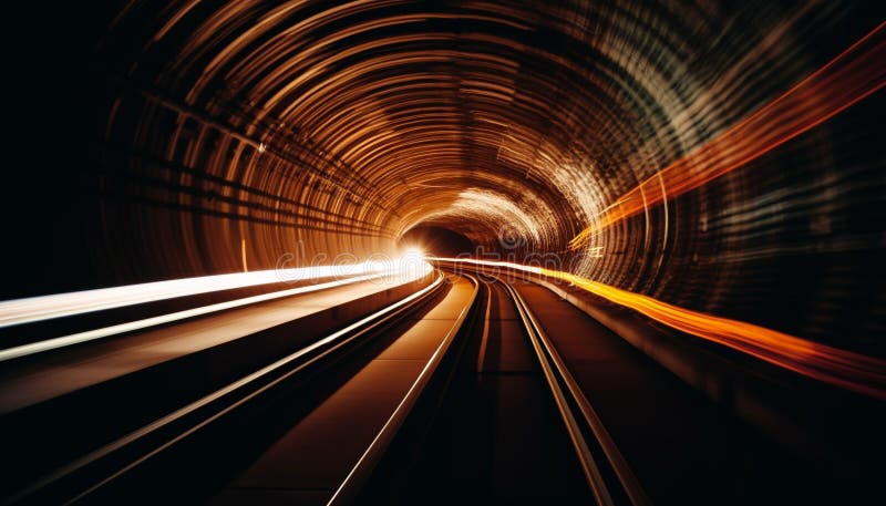 Electric Subway Train Speeds through Illuminated Underground Tunnel at ...
