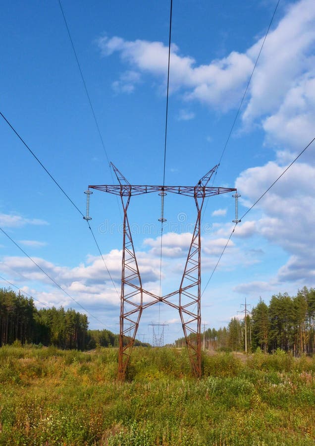Electric Support in the Middle of the Field and Forest. Stock Photo ...