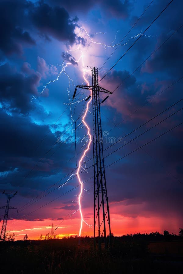 Electric Symphony: Power Lines and Lightning Against a Twilight Sky ...