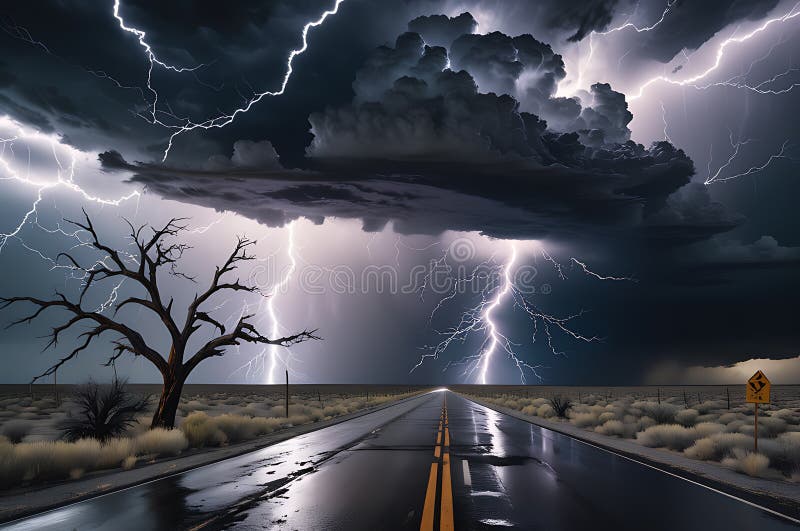 Electric Symphony: Thunderstorm Illuminating a Desolate Highway, Jagged ...