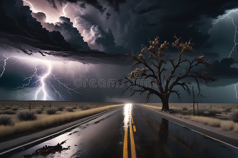 Electric Symphony: Thunderstorm Illuminating a Desolate Highway, Jagged ...