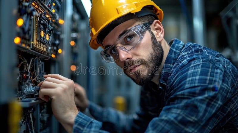 Electric Technician Working on Circuitry Inside a Control Panel at a ...