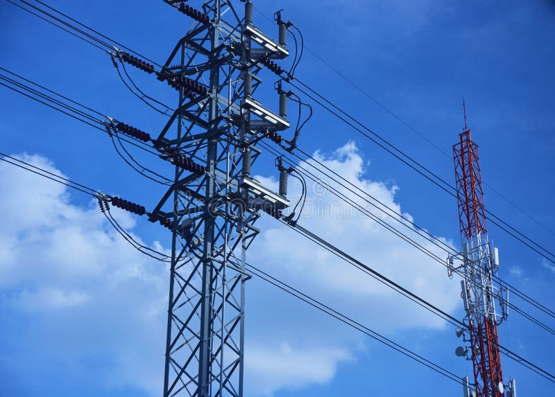 The Electricity Pole With The Electric Line And Telecommunication Tower ...