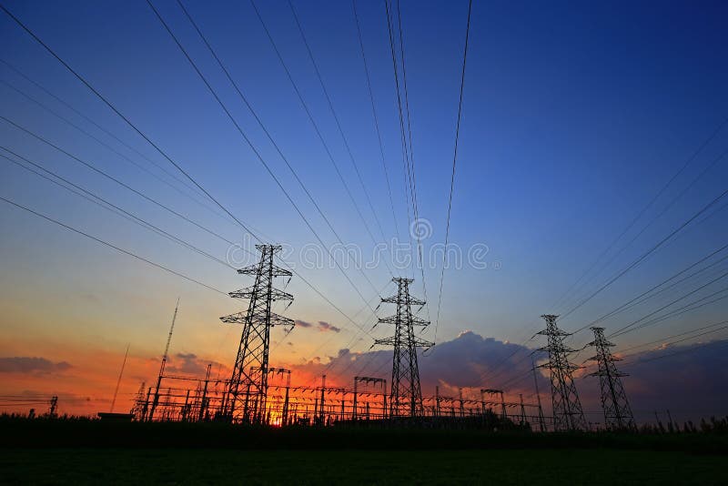 Electric Tower, Silhouette at Sunset Stock Photo - Image of power ...