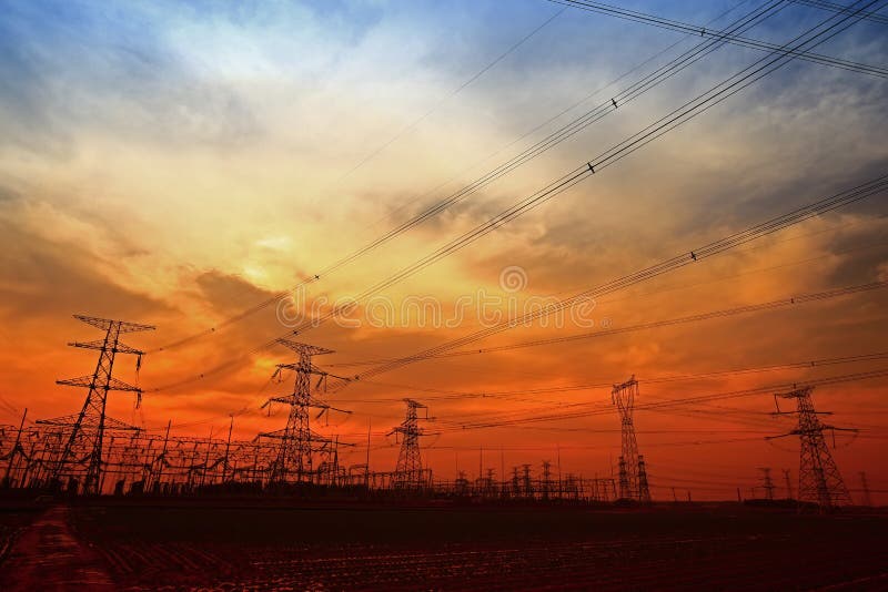 Electric Tower, Silhouette at Sunset Stock Photo - Image of tower ...