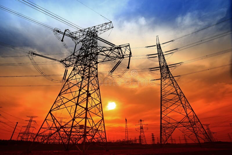 Electric Tower, Silhouette at Sunset Stock Photo - Image of electric ...