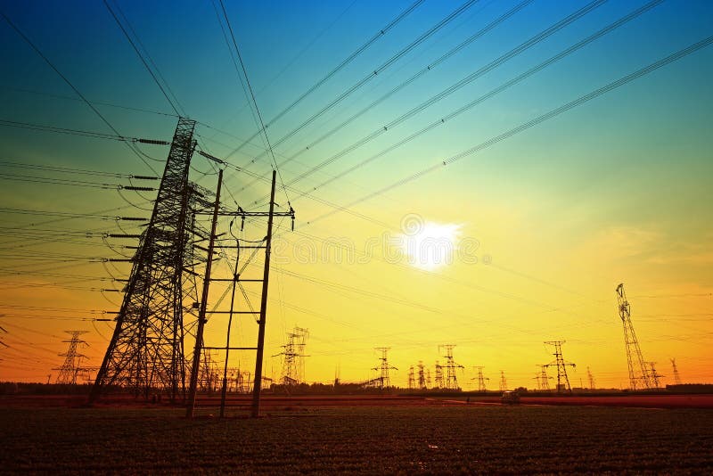 Electric Tower, Silhouette at Sunset Stock Photo - Image of ...