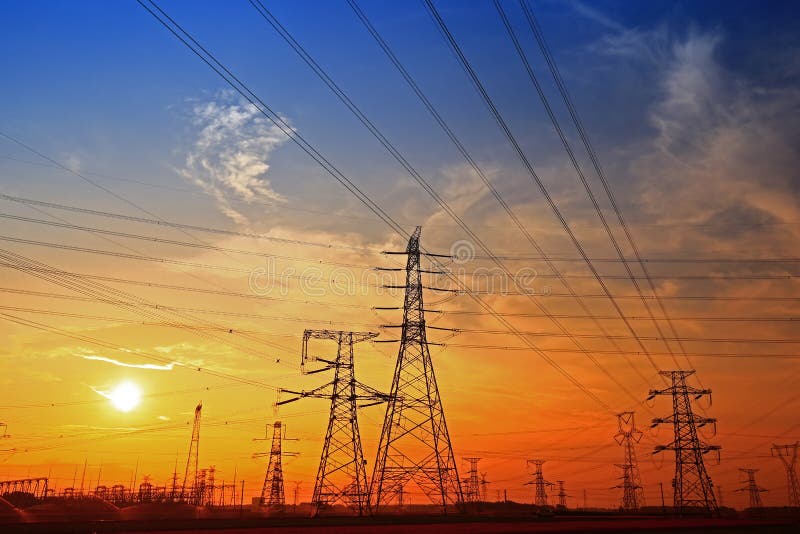 Electric Tower, Silhouette at Sunset Stock Photo - Image of wire, pylon ...