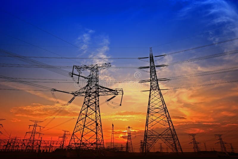 Electric Tower, Silhouette at Sunset Stock Photo - Image of wiring ...