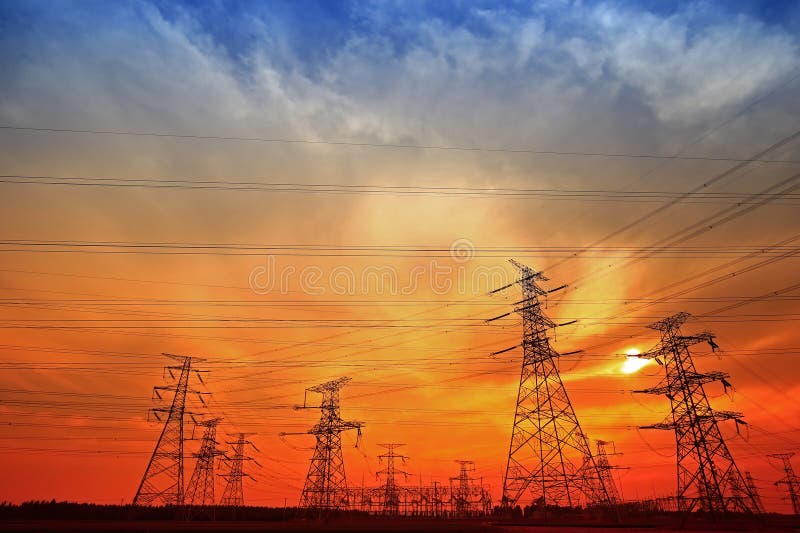 Electric Tower, Silhouette at Sunset Stock Photo - Image of electric ...