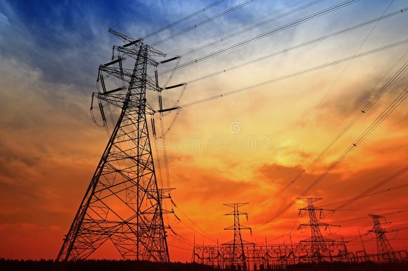 Electric Tower, Silhouette at Sunset Stock Photo - Image of high ...