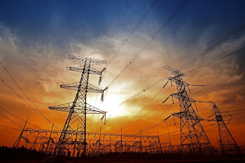 Electric Tower, Silhouette at Sunset Stock Image - Image of industry ...