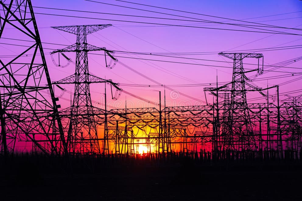 Electric tower in sunset stock photo. Image of powerline - 365790520