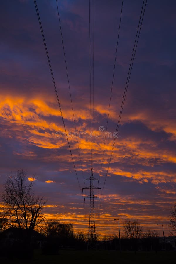 Electric tower at sunset stock photo. Image of structure - 175376916