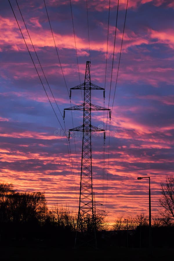 Electric tower at sunset stock photo. Image of structure - 175376916