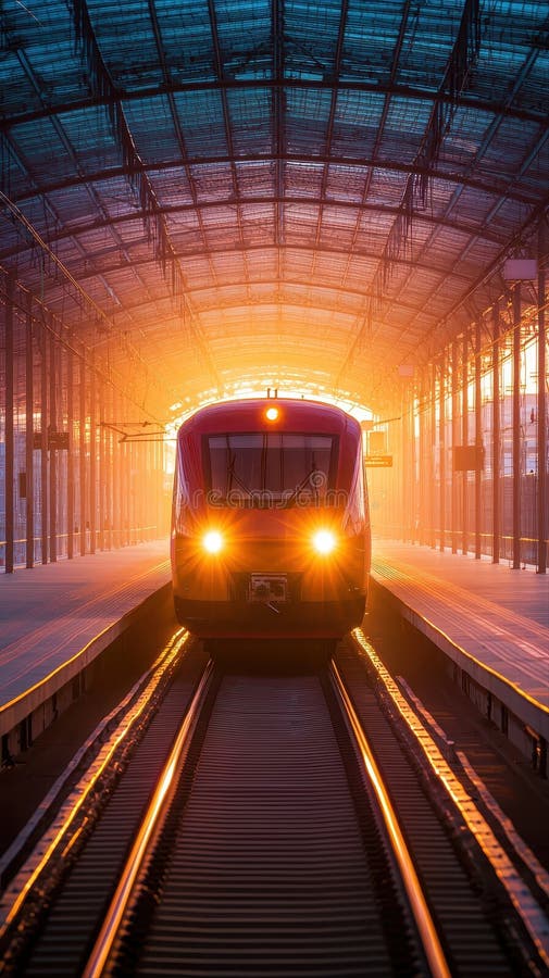 Electric Train Coming into Station in Dynamic Stop Motion Illustrating ...