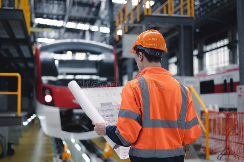 Electric Train Engineer Mechanic Staff Worker with Design Plan for ...