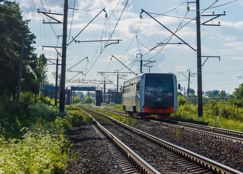 Electric Train Goes by Rail, Summer, Countryside Stock Photo - Image of ...